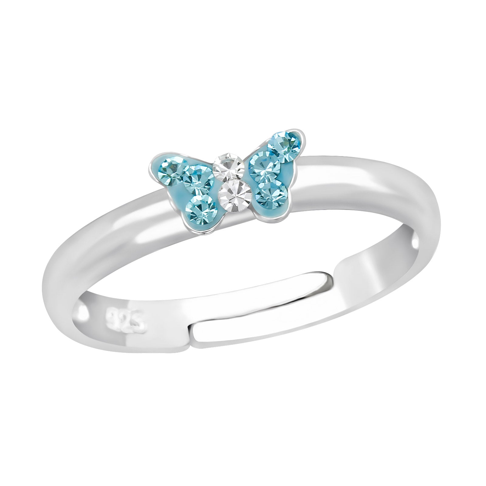 Children's Sterling Silver Adjustable Blue Diamante Butterfly Ring ...