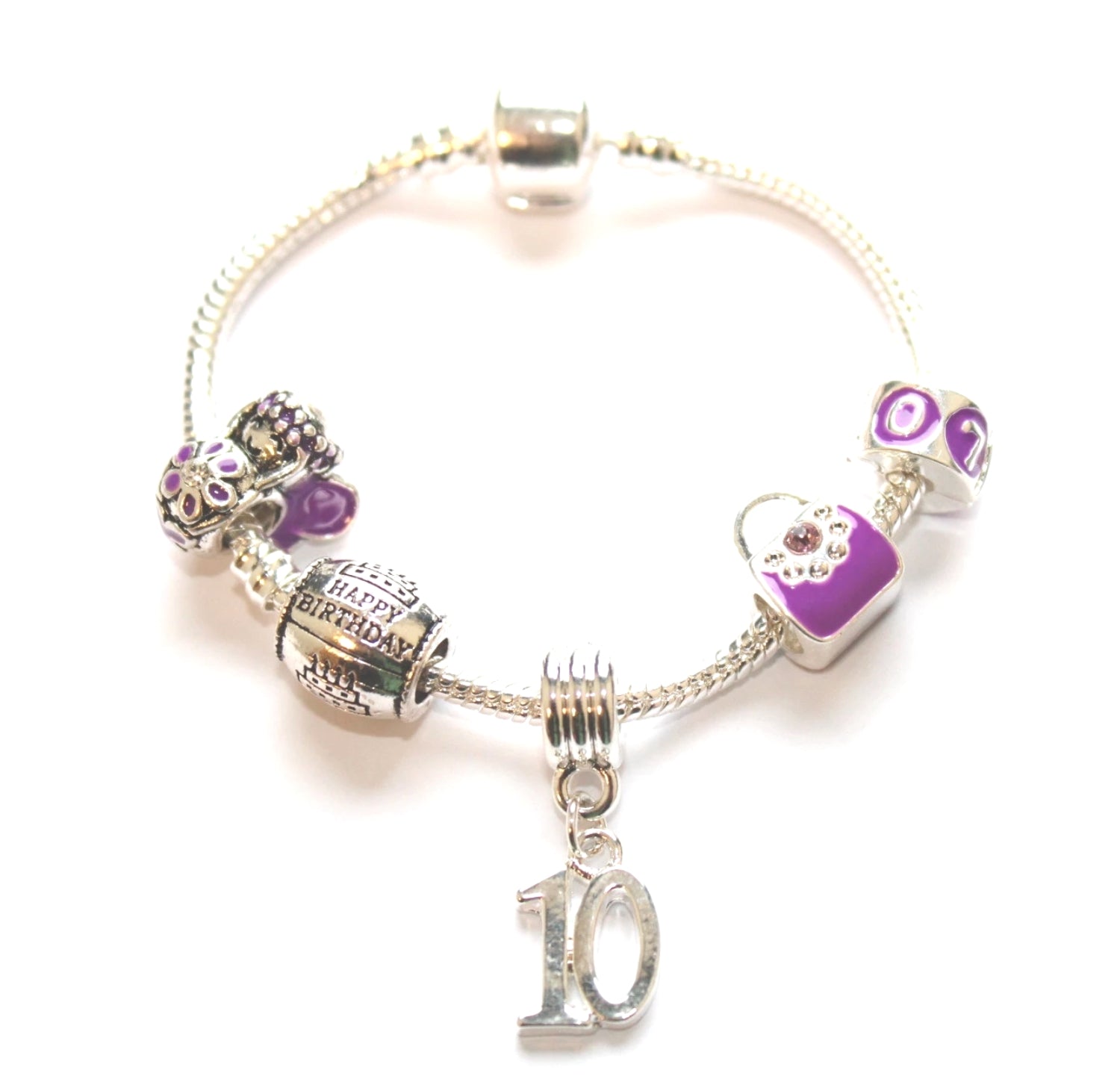 Children's Purple Happy 10th Birthday Charm Bracelets For 10 Year Olds ...